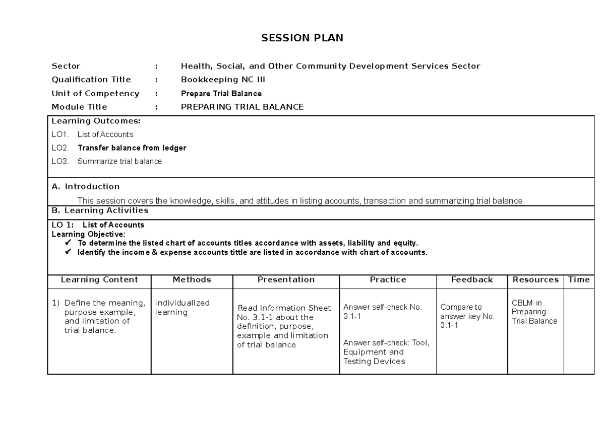 Encina Session PLAN Bookkeeping - SESSION PLAN Sector : Health, Social ...
