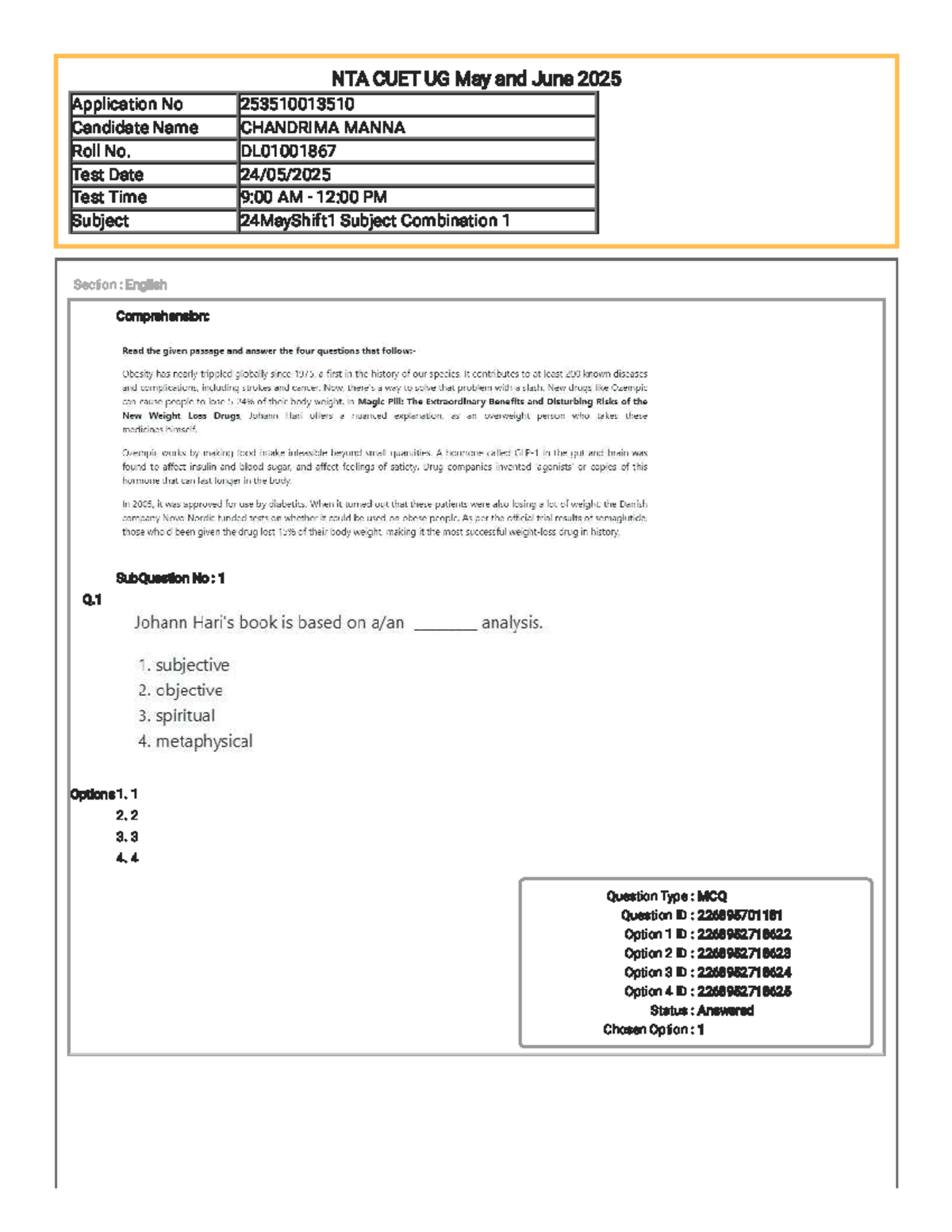 CUET UG May 2025 English Comprehension MCQ Answers - Studocu
