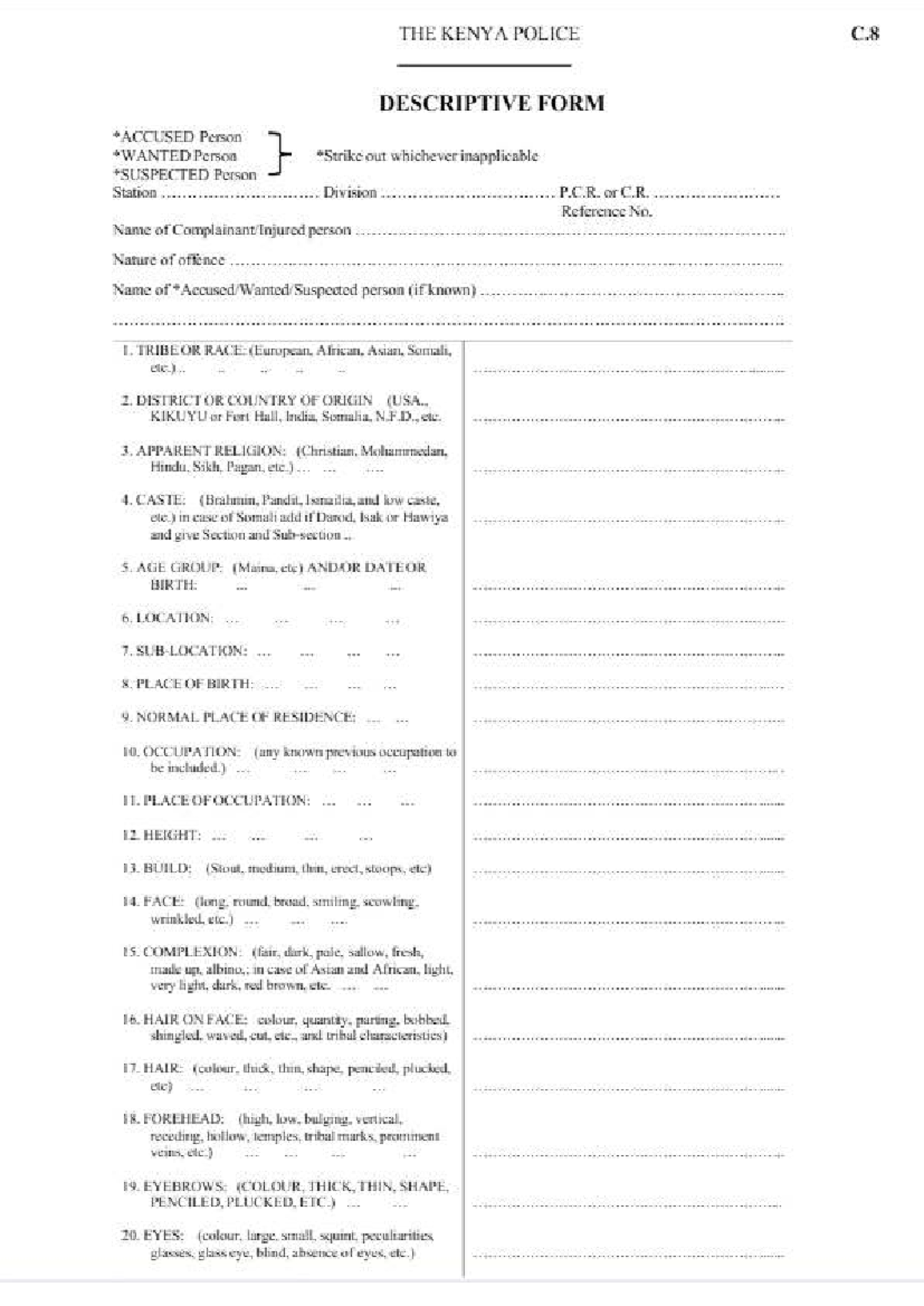 C8 Descriptive Form - Police Documentation Guide - Studocu