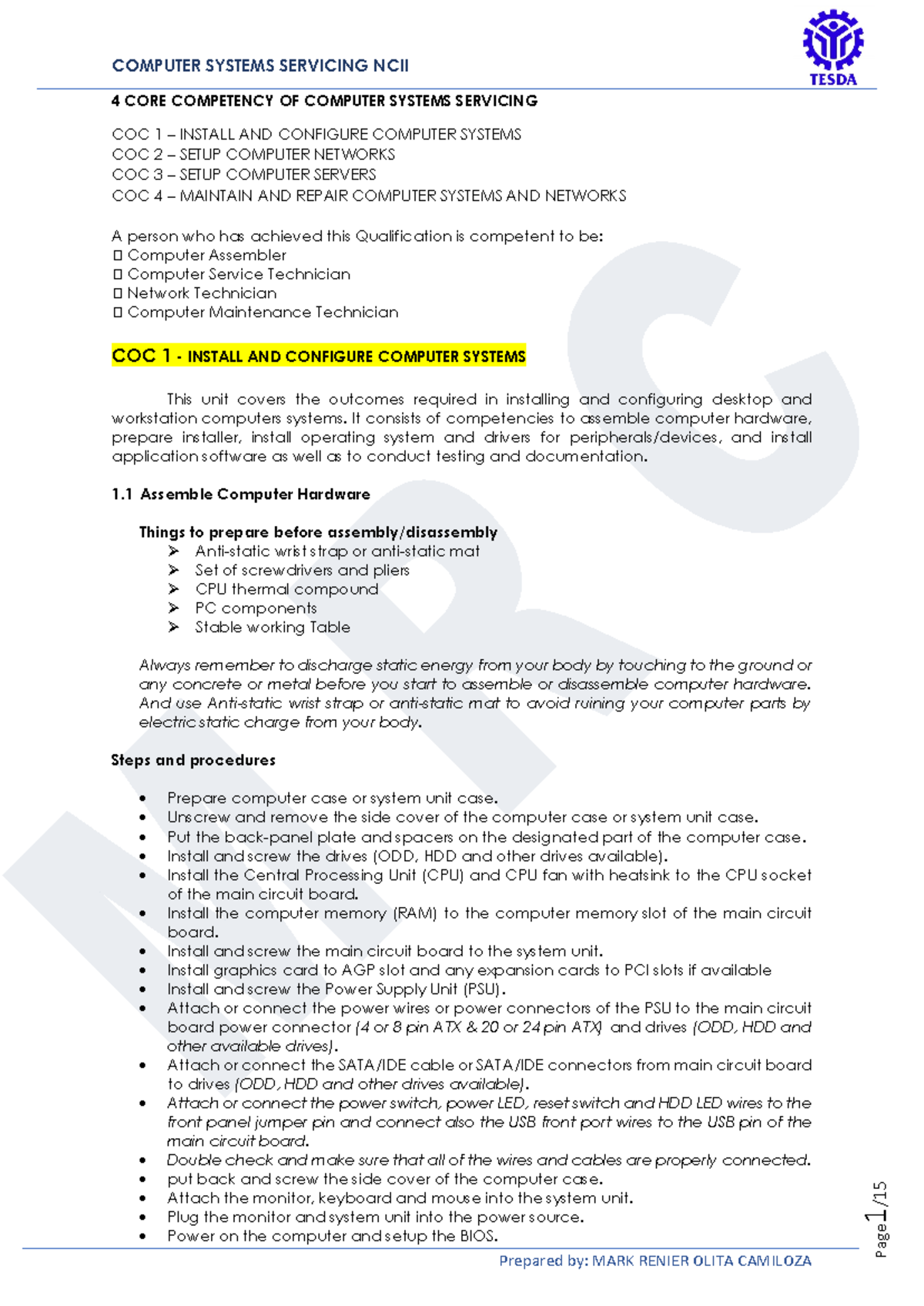 Computer Systems Servicing Guide for COC 1 and Network Setup - Studocu