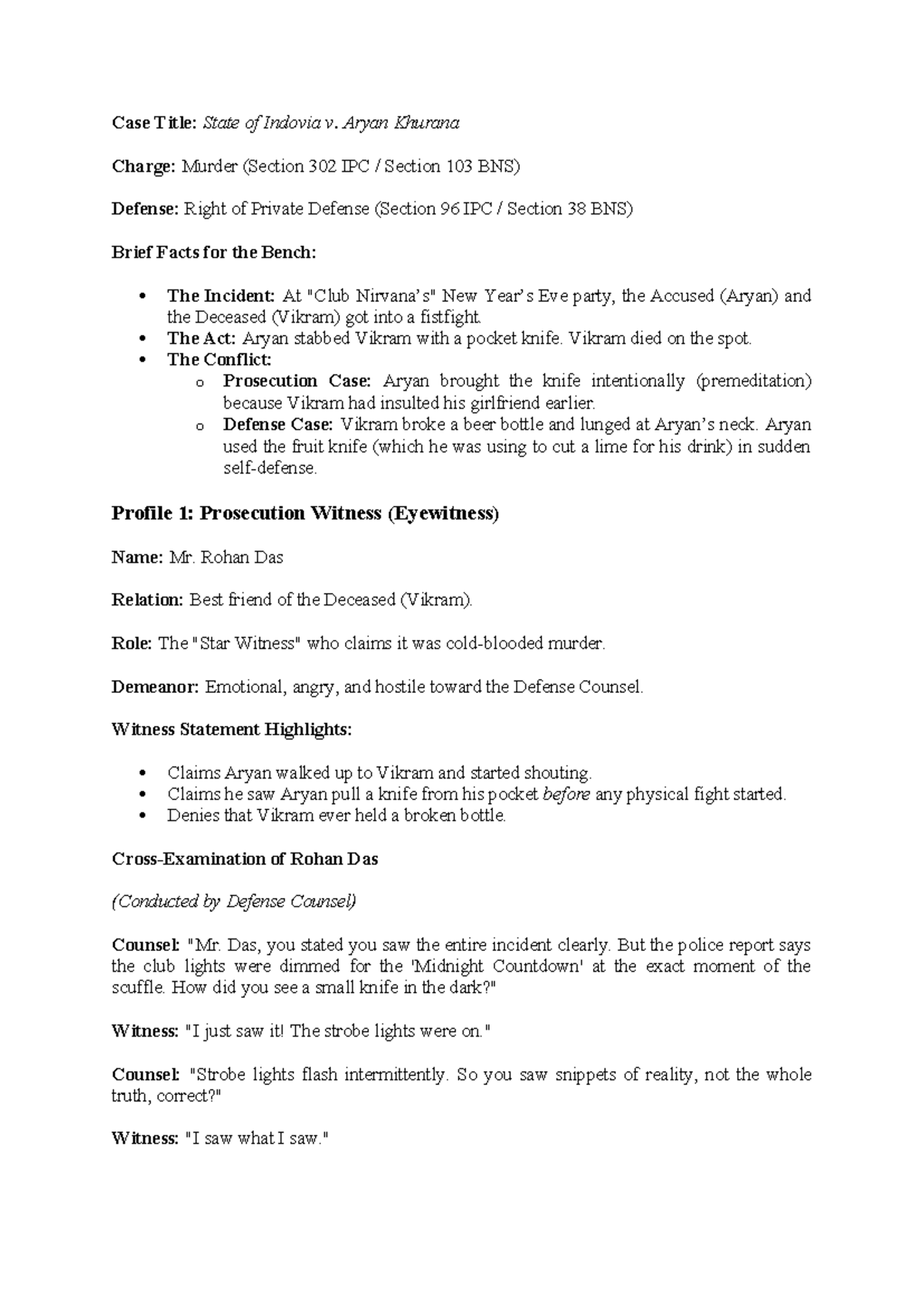 Case Study: State of Indovia v. Aryan Khurana - Murder Defense Analysis ...