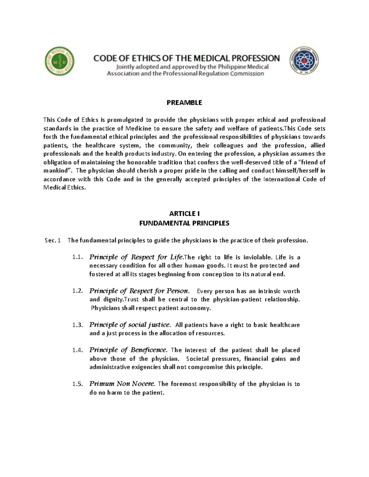 Code of Ethics of the Medical Profession 2019 adopted by PMA and PRC ...