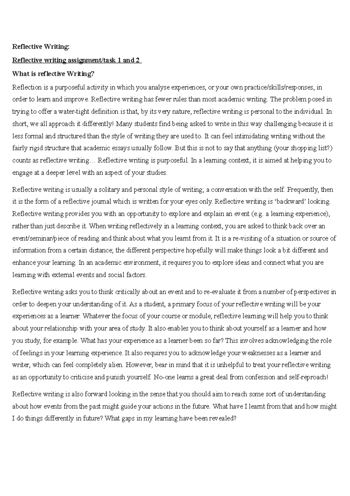 Reflective Writing Tasks 1 & 2: Understanding Personal Experience (Sem ...