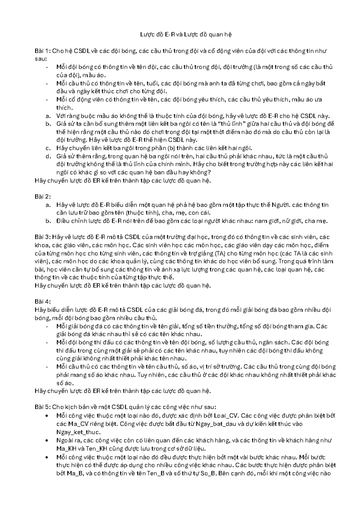 Bài tập Lược đồ ER và Lược đồ quan hệ CSDL 2023 - Studocu
