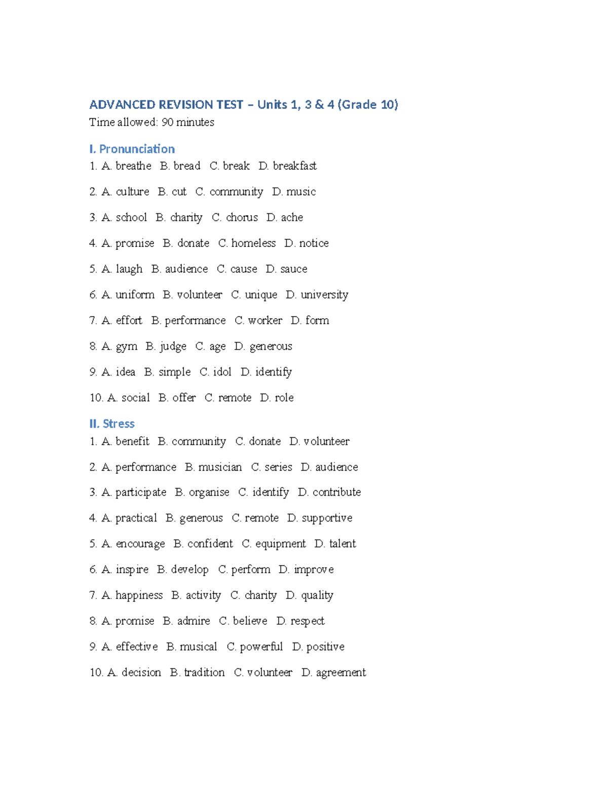 ADVANCED REVISION TEST Units 1, 3, 4 (Grade 10) Practice Materials ...