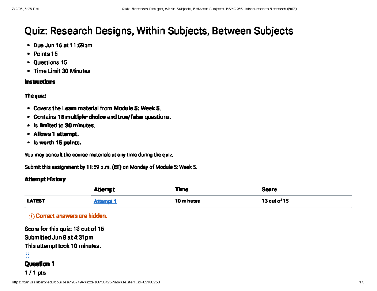 PSYC255 Quiz: Research Designs - Within vs. Between Subjects - Studocu