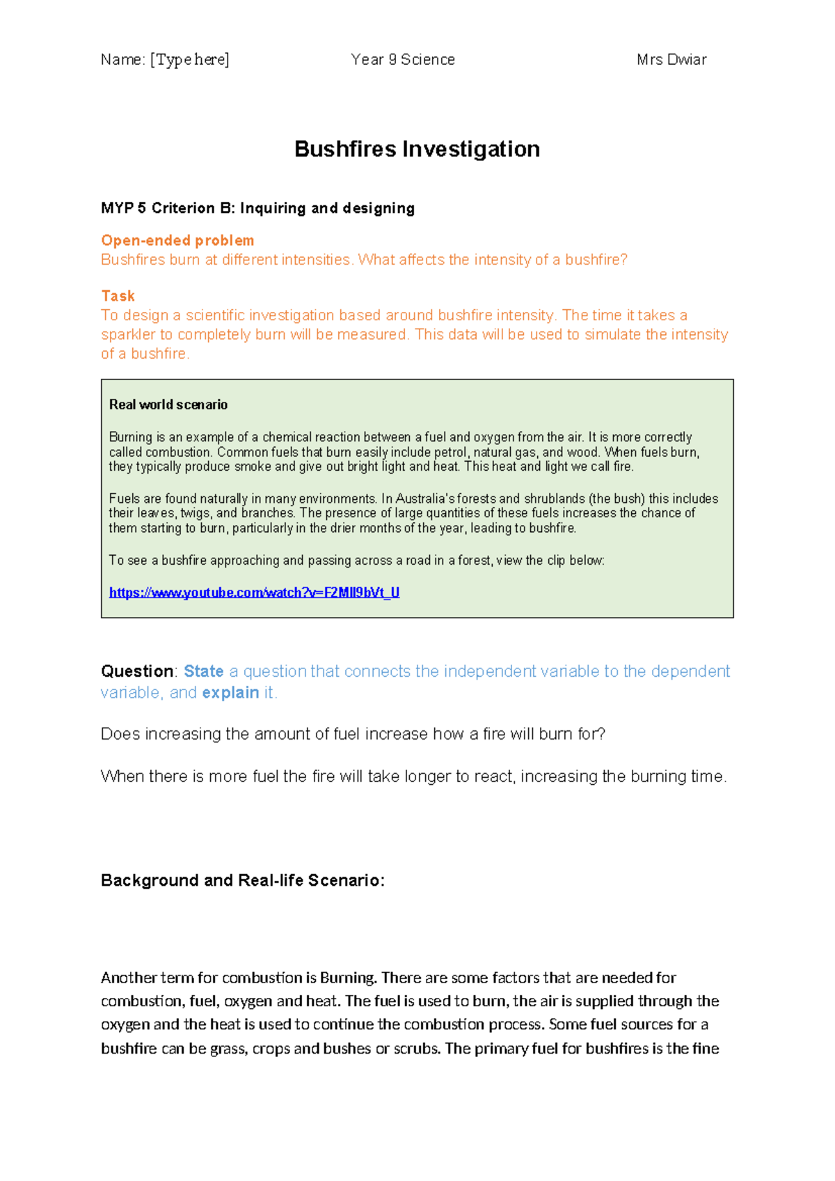 Year 9 Science Bushfires Investigation MYP 5 Criterion B: Intensity ...