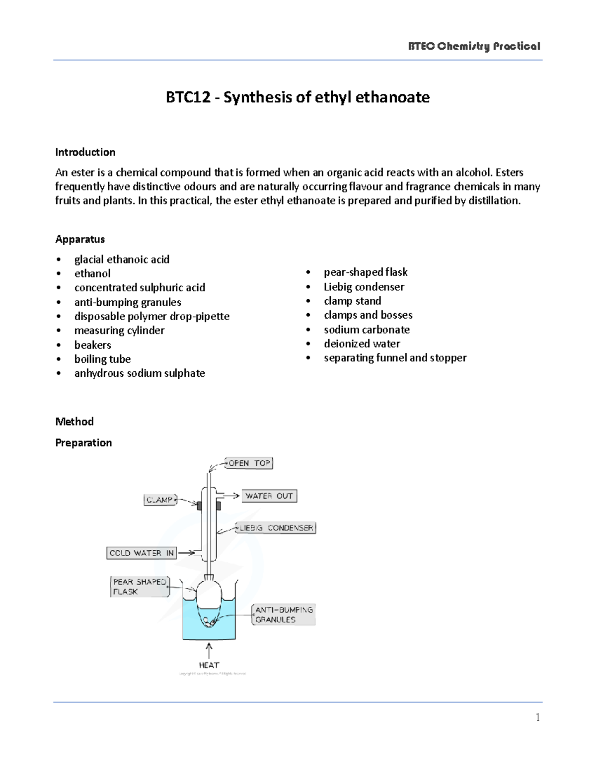 BTC12 Practical: Synthesis of Ethyl Ethanoate in Chemistry - Studocu