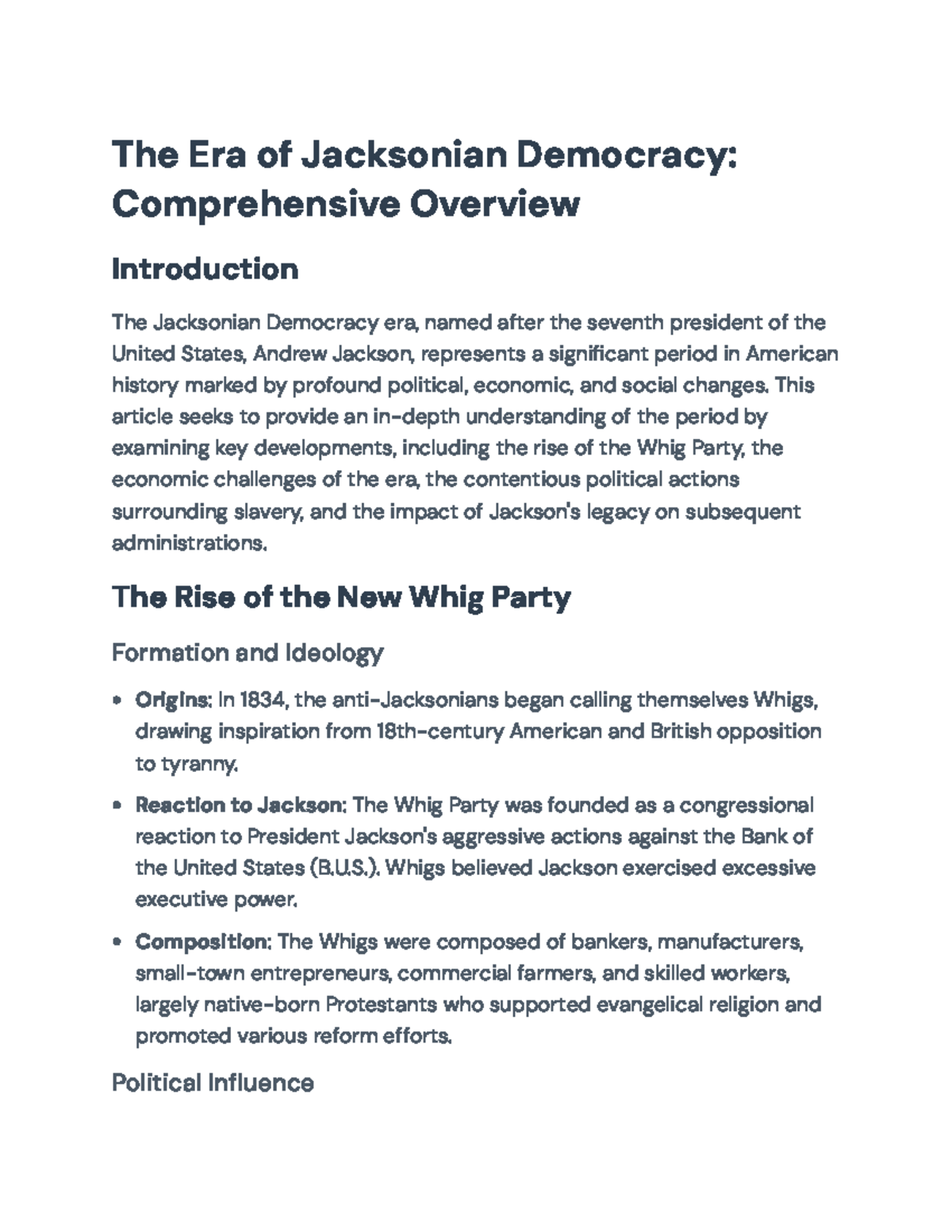 The Era of Jacksonian Democracy (HIST 201): Political and Economic ...