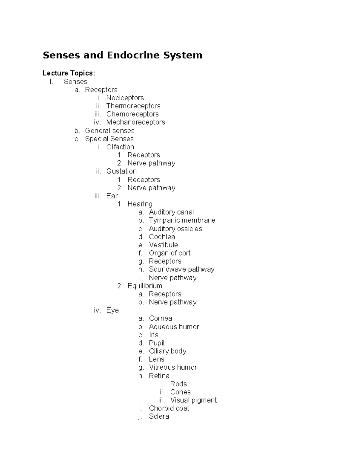 BIOL 101: Senses and Endocrine System Lecture Outline - Studocu