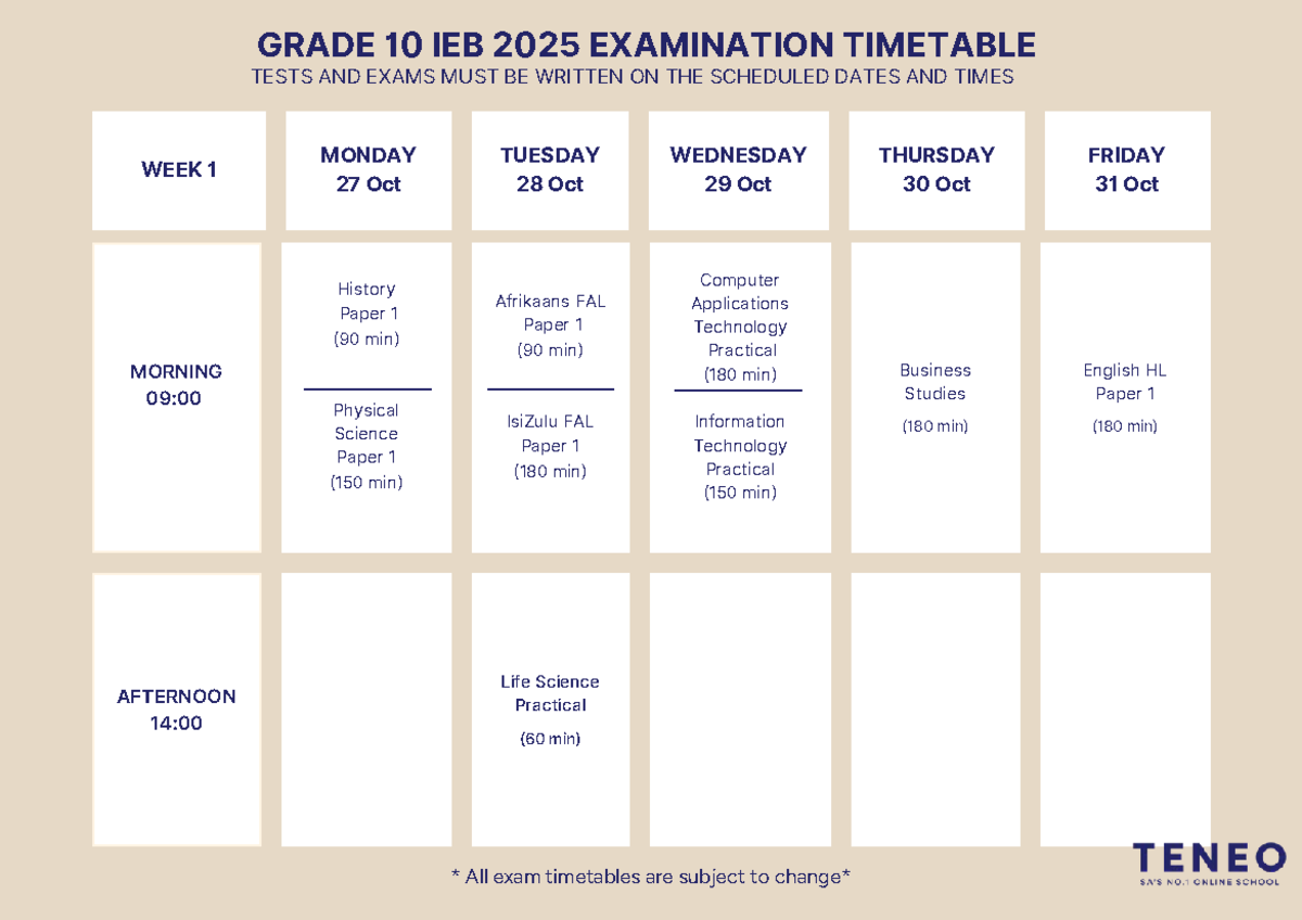 GRADE 10 IEB 2025 NOVEMBER EXAM TIMETABLE - Studocu