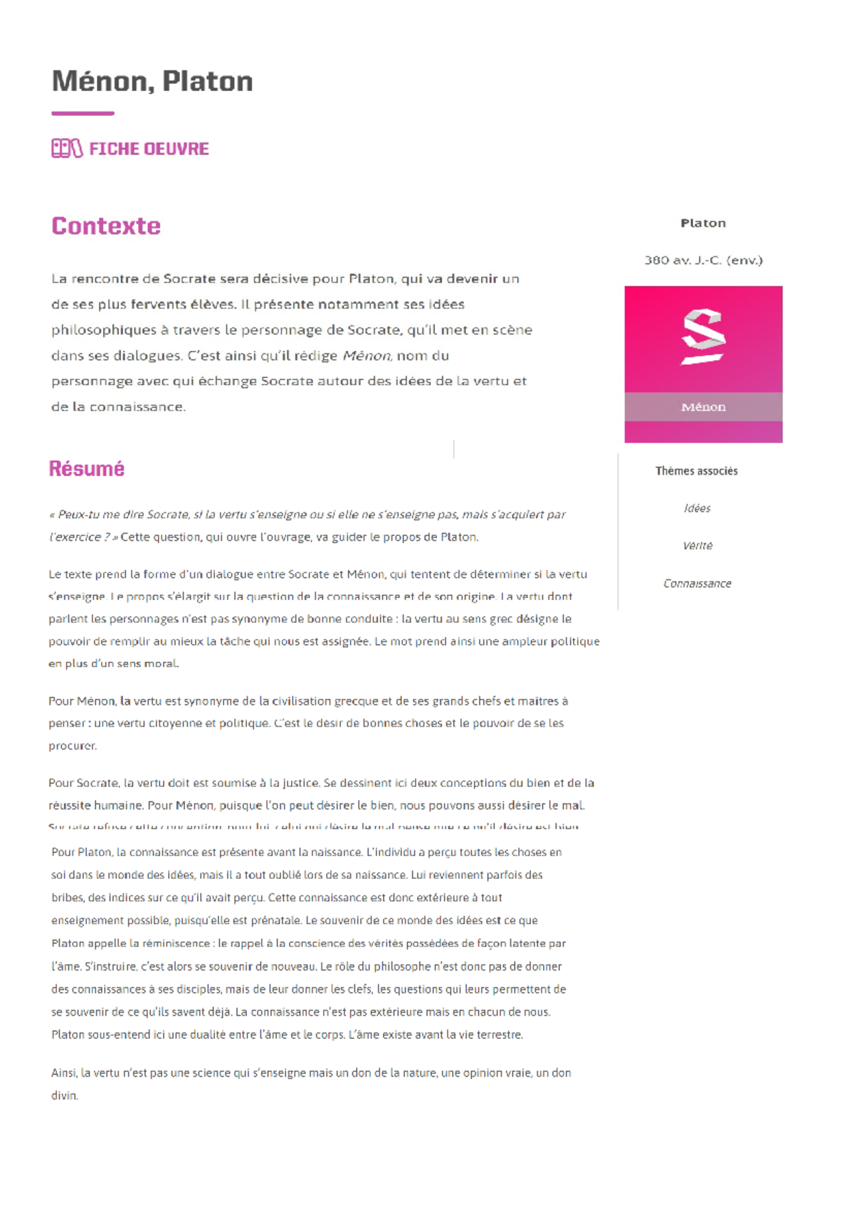 Fiche lecture Ménon - Platon - De base les questions de Socrate ...