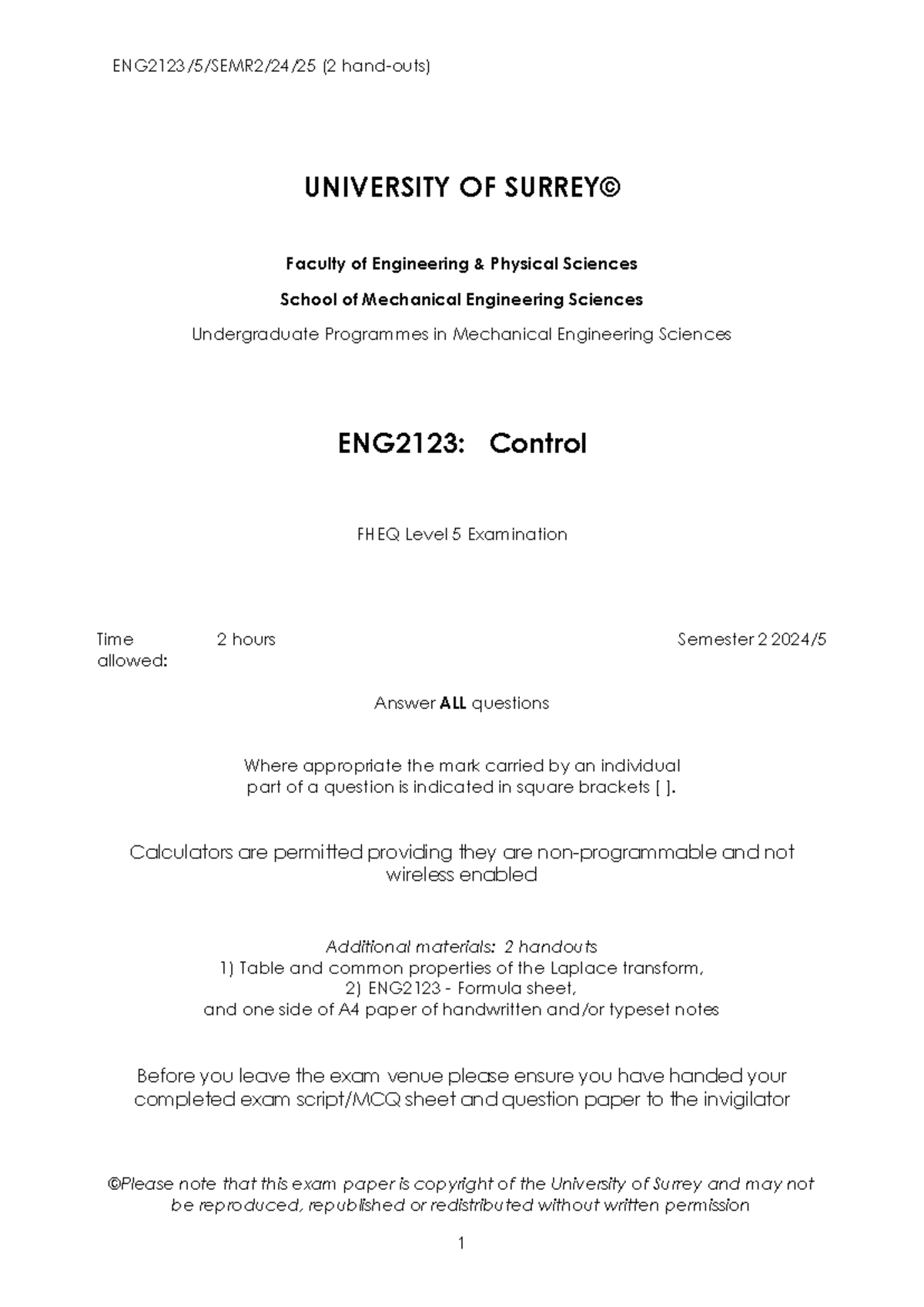 ENG2123: Control Systems Final Exam Paper 2024-2025 - Studocu