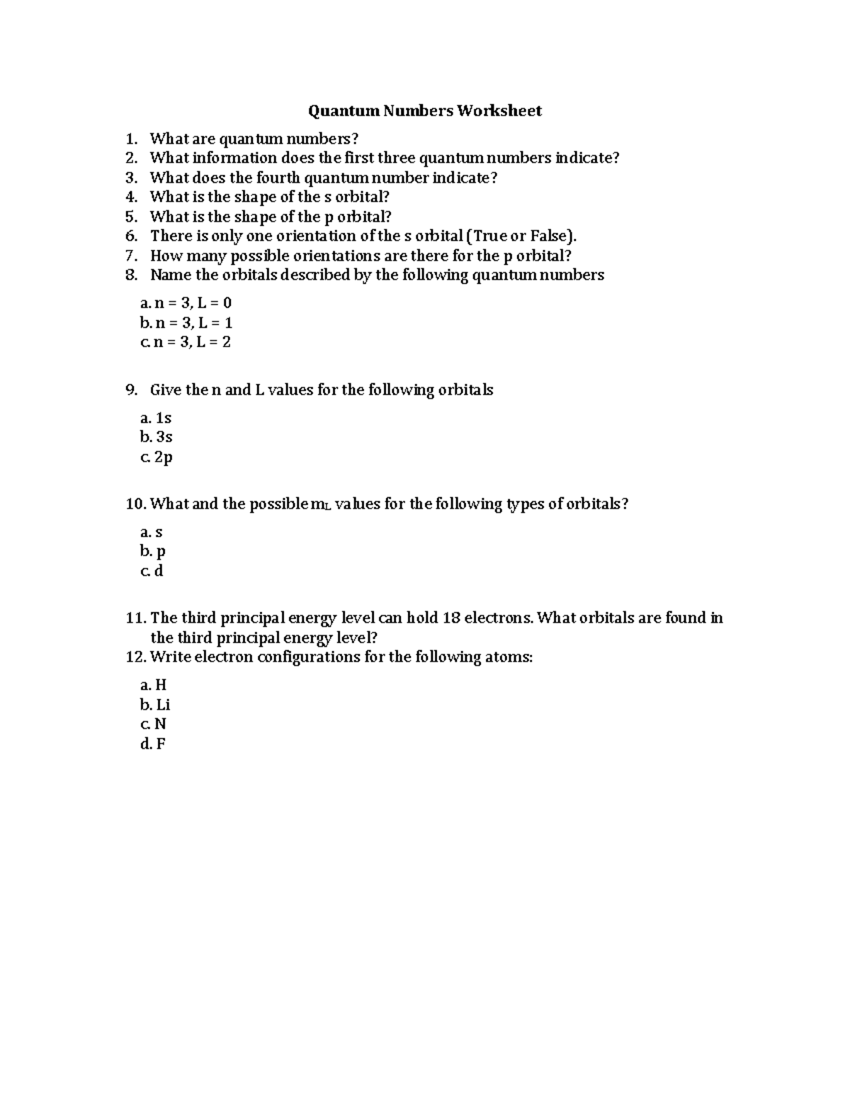 Quantum Numbers Worksheet