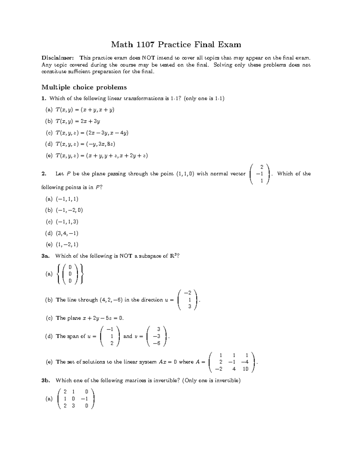 Math 1107 Sample Final Exam Preparation Guide - Studocu