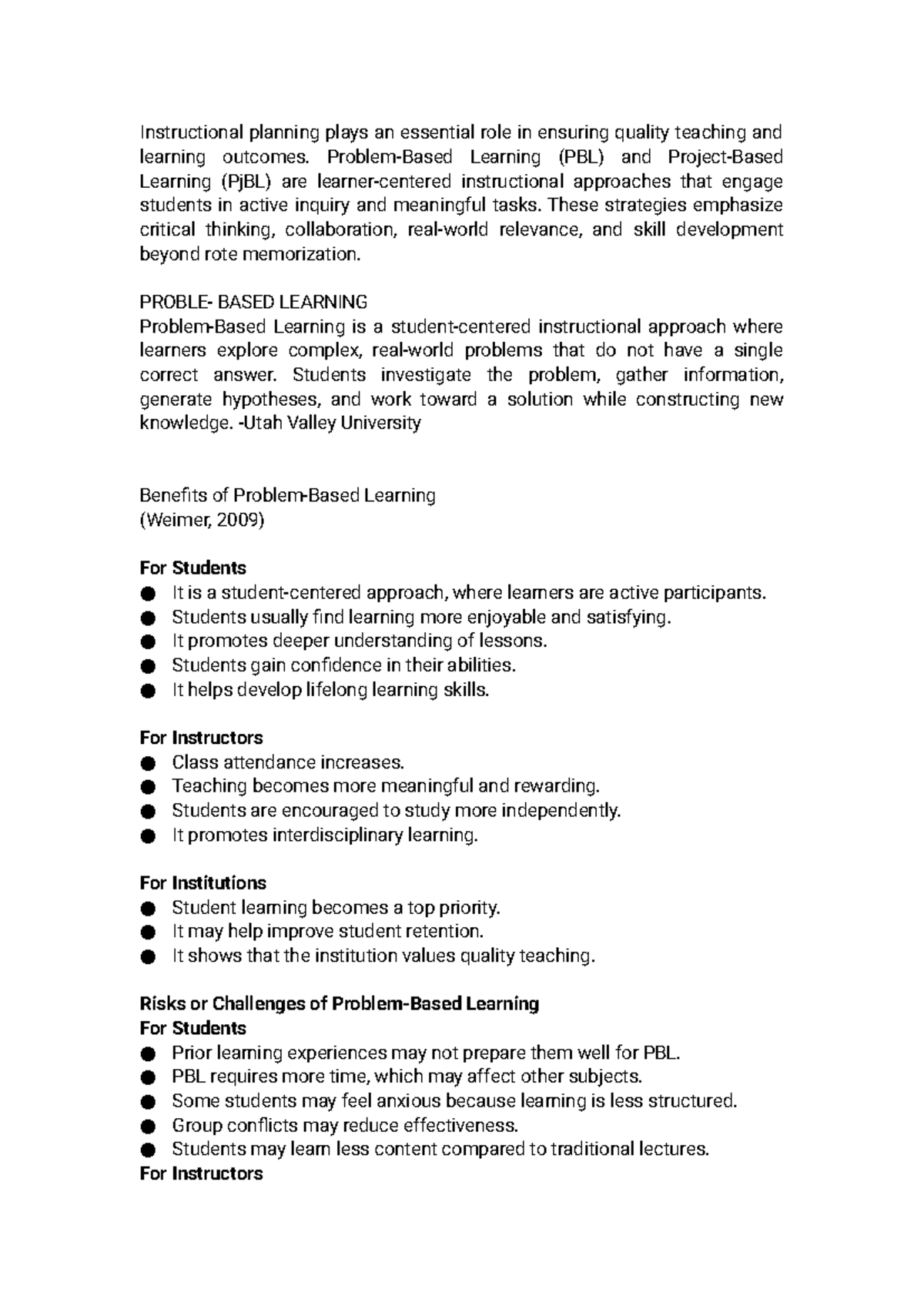 Project Problem-Based Learning (PBL) Instructional Strategies - Studocu