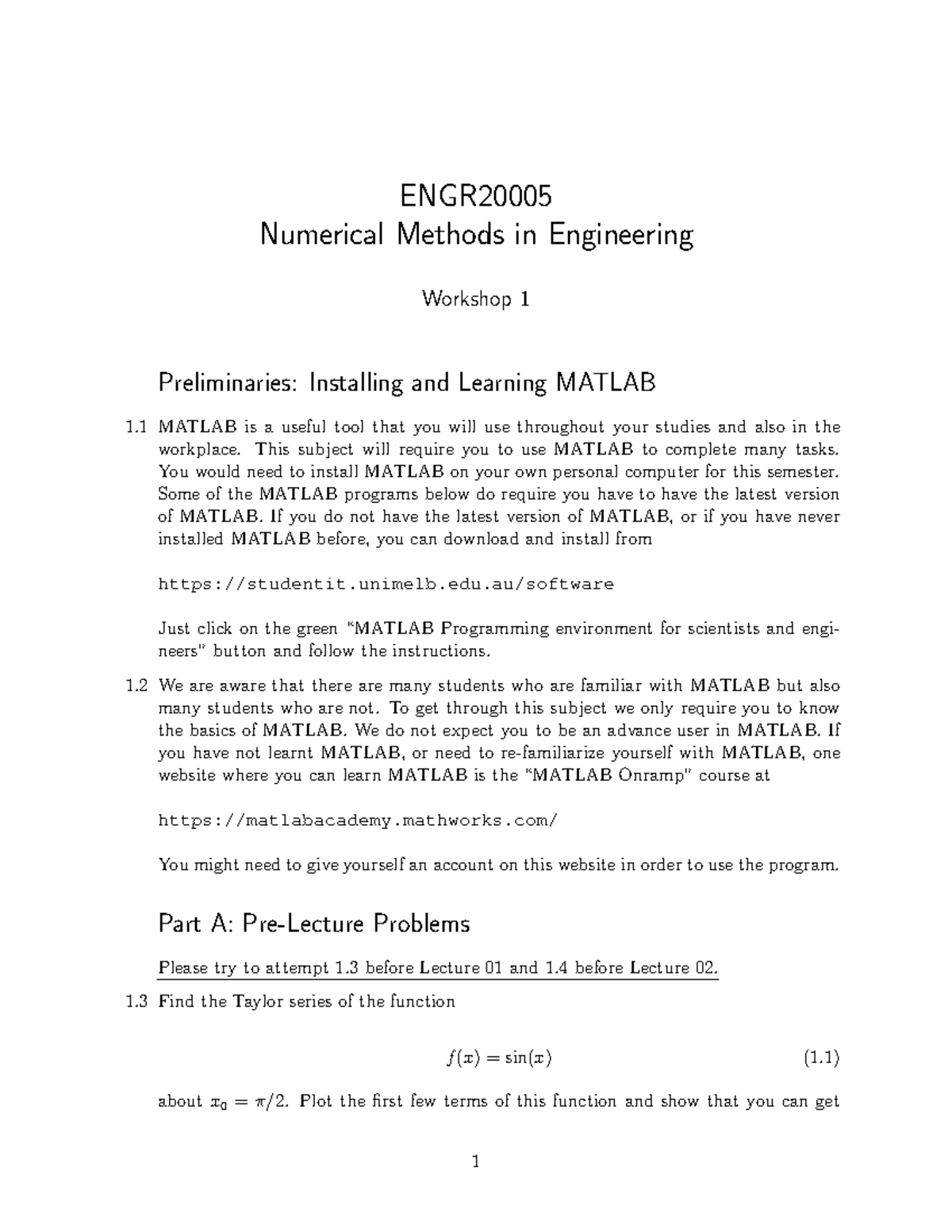 Numerical Methods in Engineering (ENGR 101) Workshop 01: MATLAB Basics ...