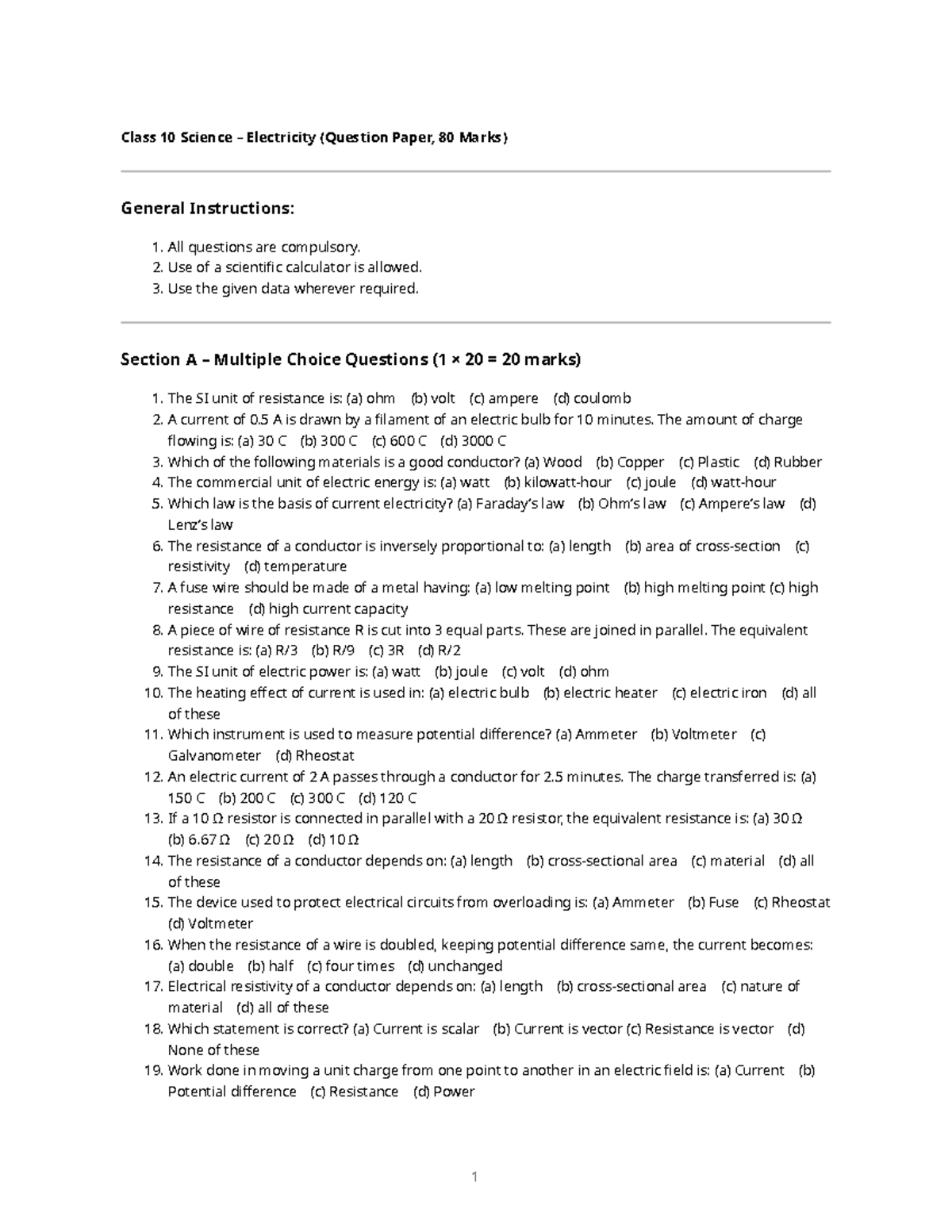 Class 10 Science Electricity (Question Paper, 80 Marks) - Studocu