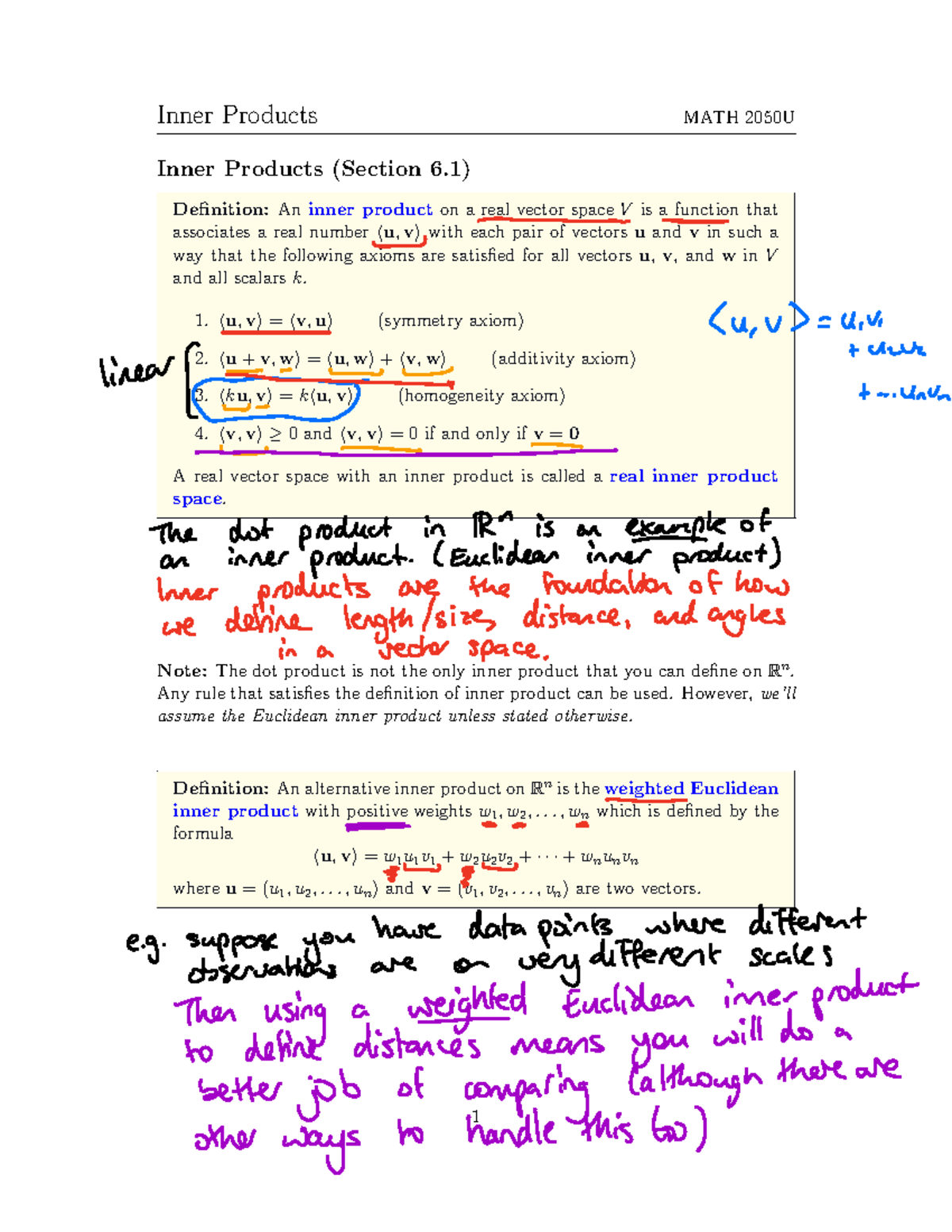 Inner Products in MATH 2050U: Definitions and Examples from Lecture 20 ...