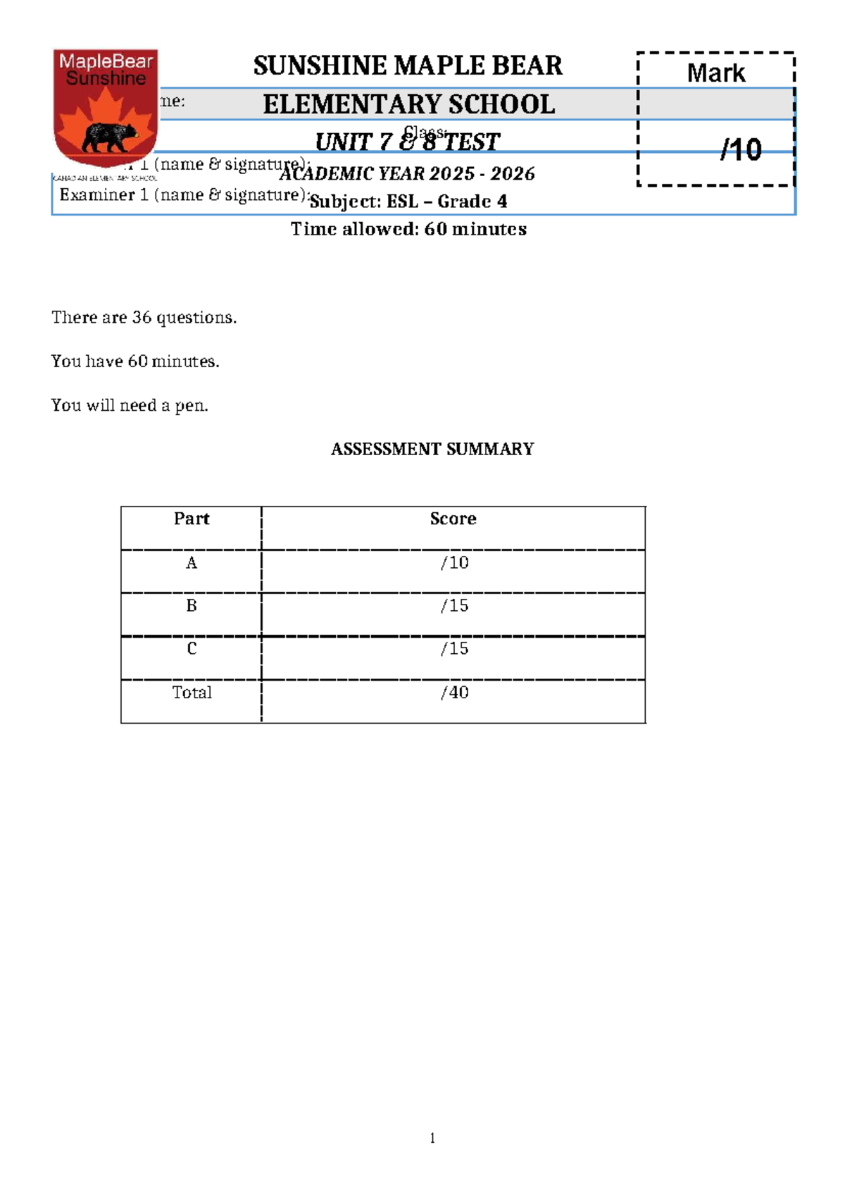 ESL Grade 4 Unit 7-8 Test Summary (2025-2026) - Studocu