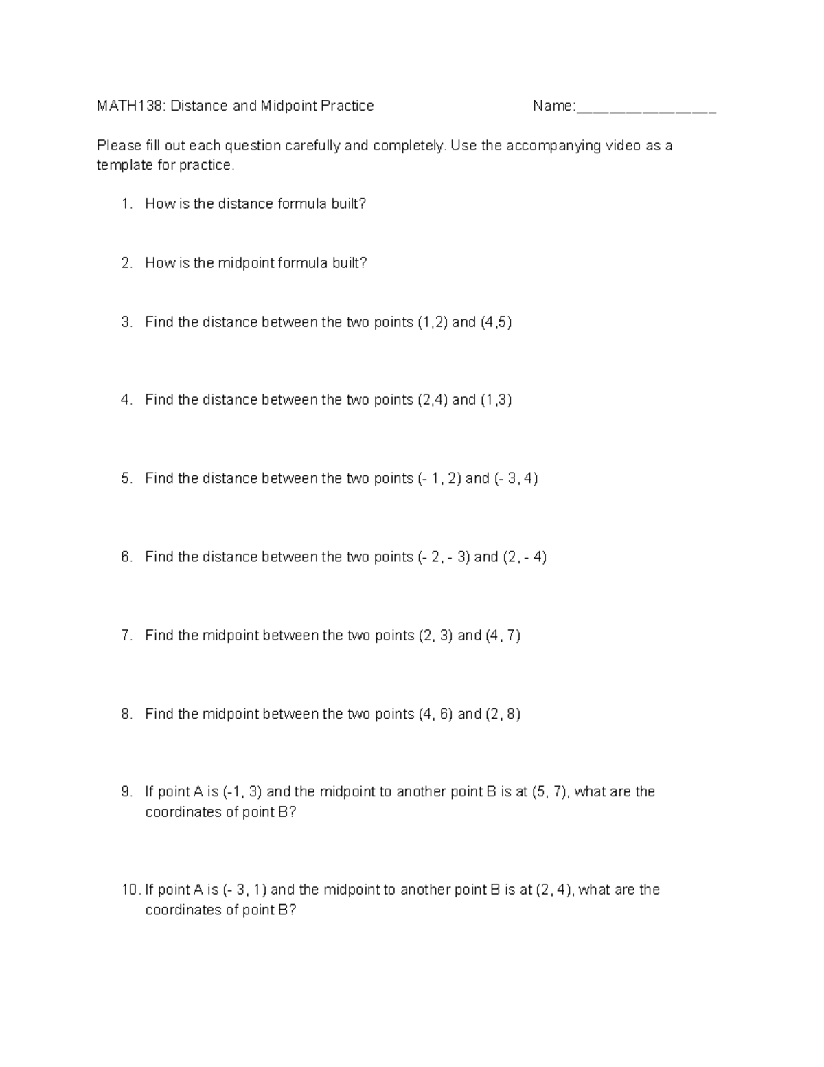 MATH138: Distance and Midpoint - Week 2 Homework Guide - Studocu
