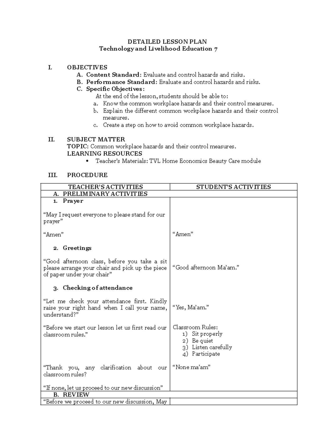 Detailed Lesson Plan on Common Workplace Hazards - TLE 7 - Studocu
