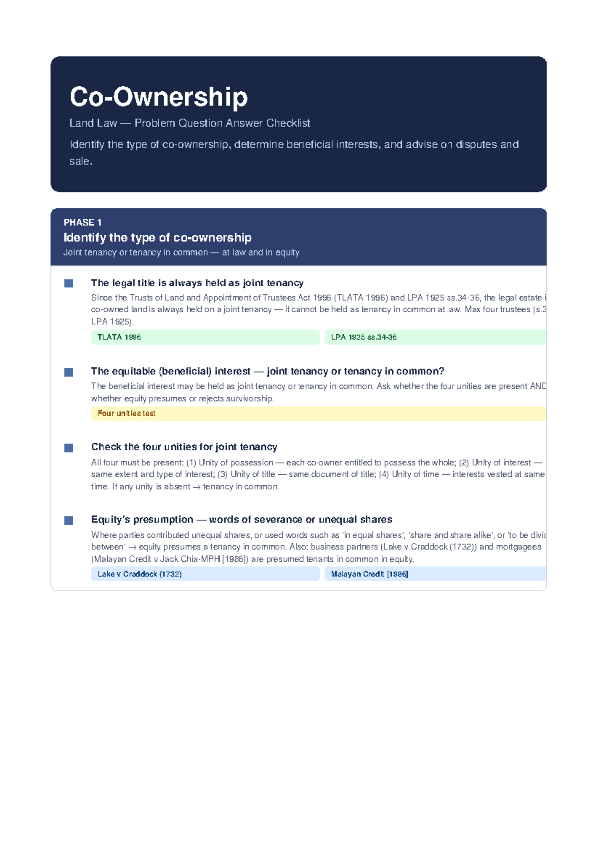 Land Law Co-Ownership Checklist: Beneficial Interests & Disputes (TLATA ...