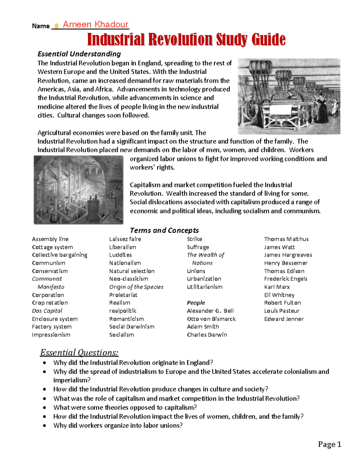 01 - Industrial Revolution Study Guide - Name ______________________ I ...