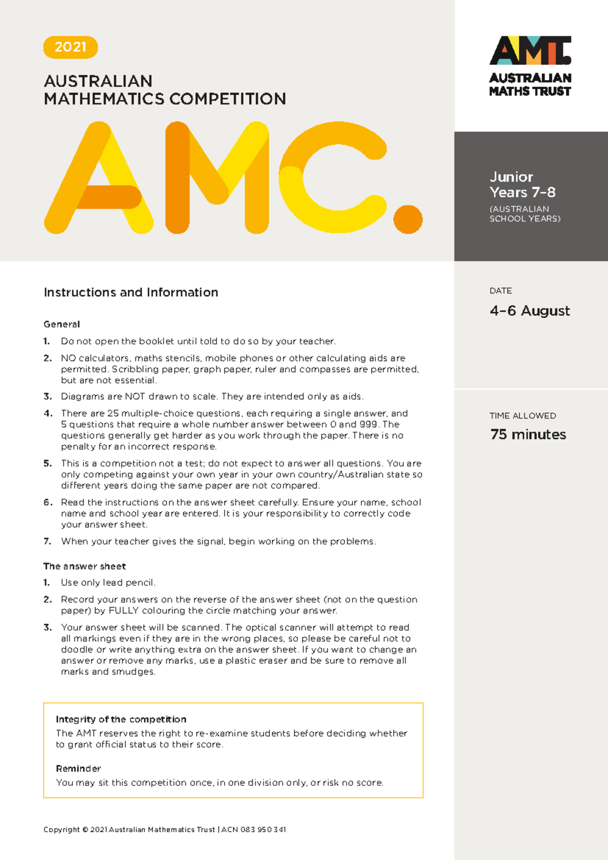 2021 AMC Junior - Practice Questions & Instructions Guide - Studocu