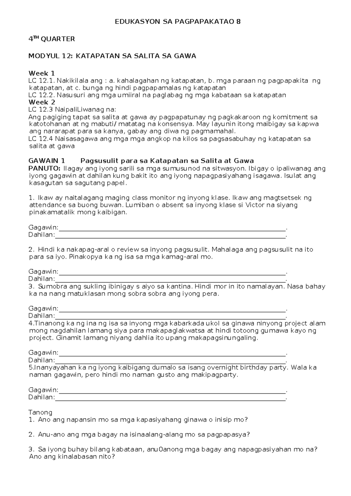 ESP 8 Learning Activity Sheet: Katapatan sa Salita at Gawa (Quarter 4 ...