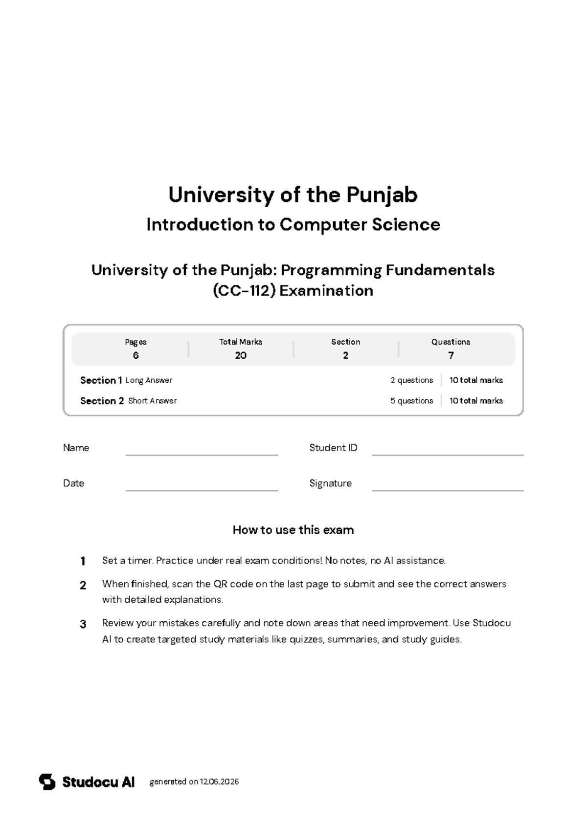 CC-112 Final Exam: Programming Fundamentals - Studocu