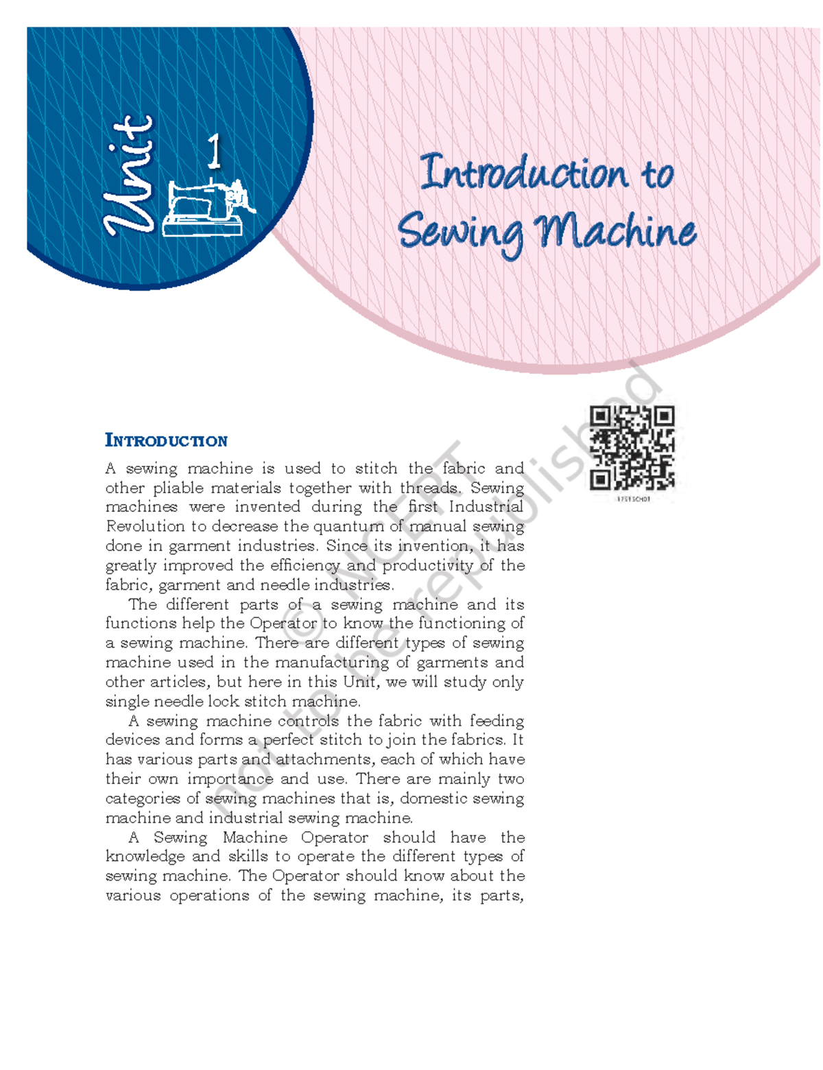 Unit-1 - NOTES - IntroductIon A sewing machine is used to stitch the ...