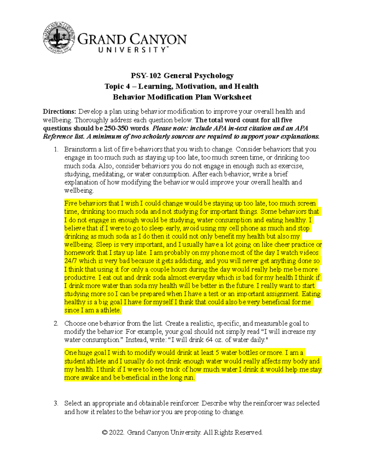 PSY 102 RS T4 Behavior Modification Plan for Health Improvement - Studocu