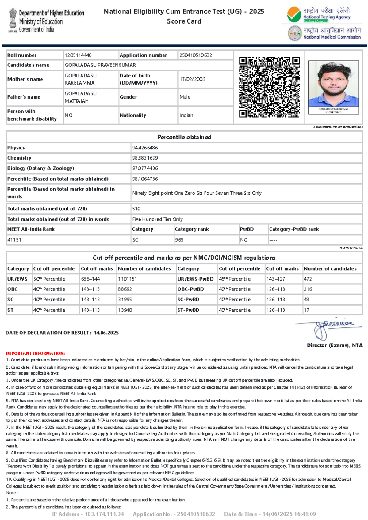 NEET (UG) 2025 Score Card - Gopaladasu Praveenkumar - Studocu