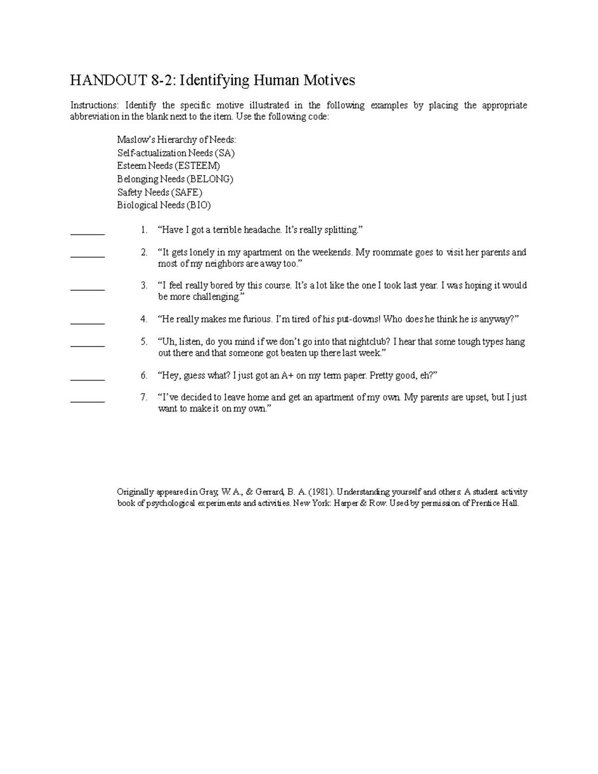 Identifying Human Motives: A Practice Handout for Psych 101 - Studocu