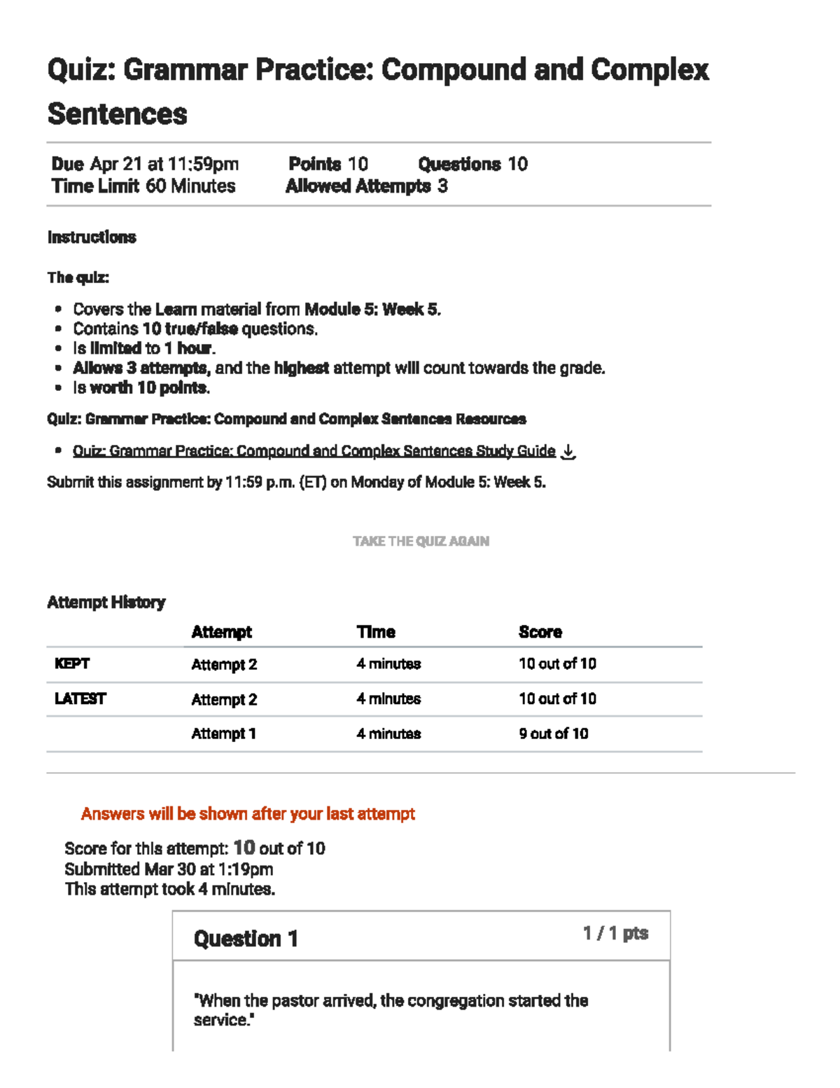ENGL101 Week 5 Quiz: Grammar Practice on Compound & Complex Sentences ...