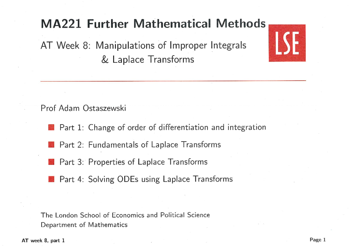 MA221 Further Mathematical Methods AT Week 8: Improper Integrals ...