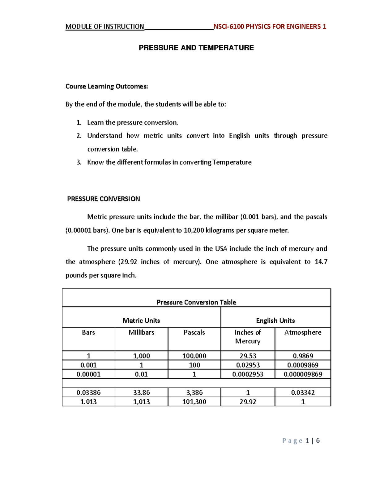 MODULE OF PHYSICS FOR ENGINEERS 1: PRESSURE, TEMPERATURE & MEASUREMENT ...