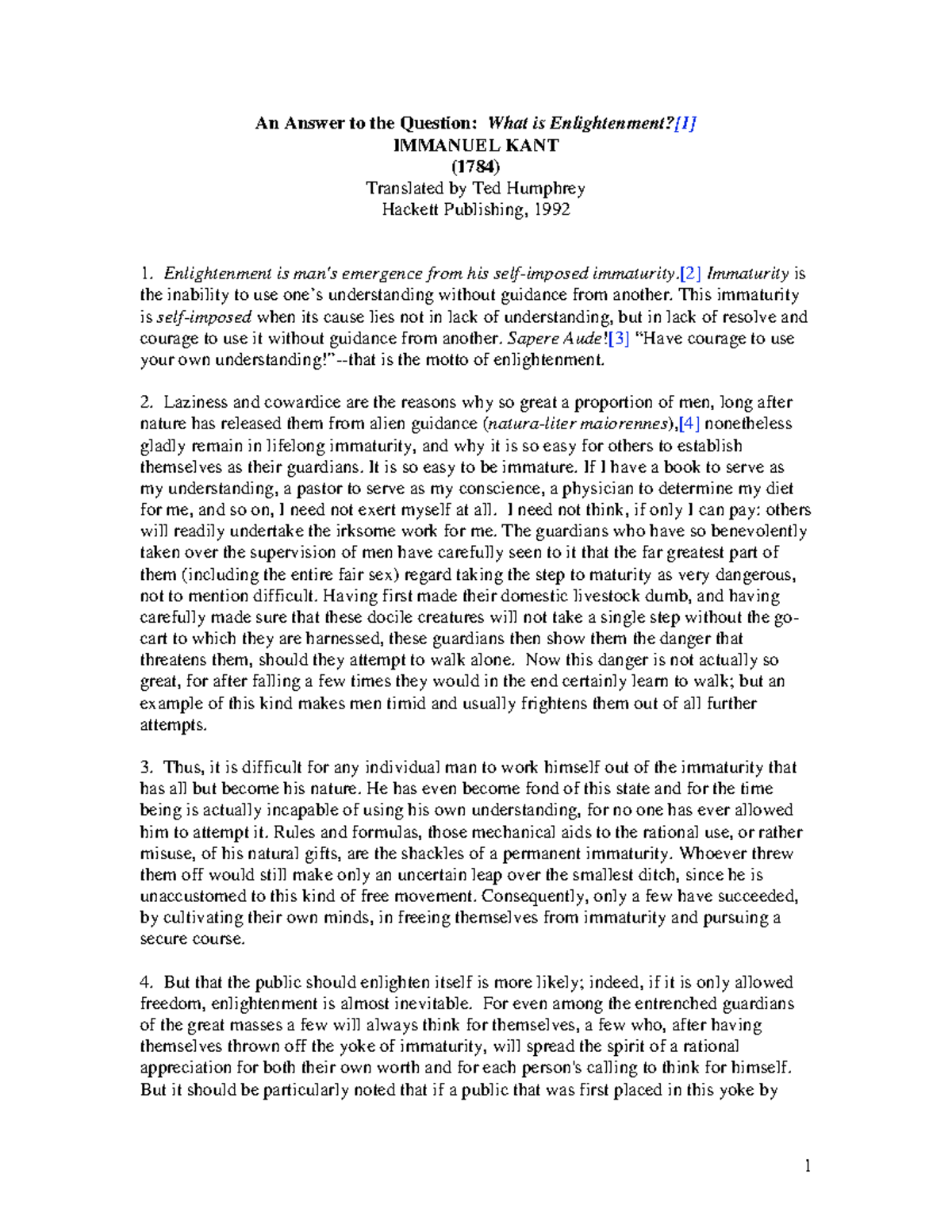 KANT 1784: Enlightenment and the Use of Reason - Midterm Insights - Studocu