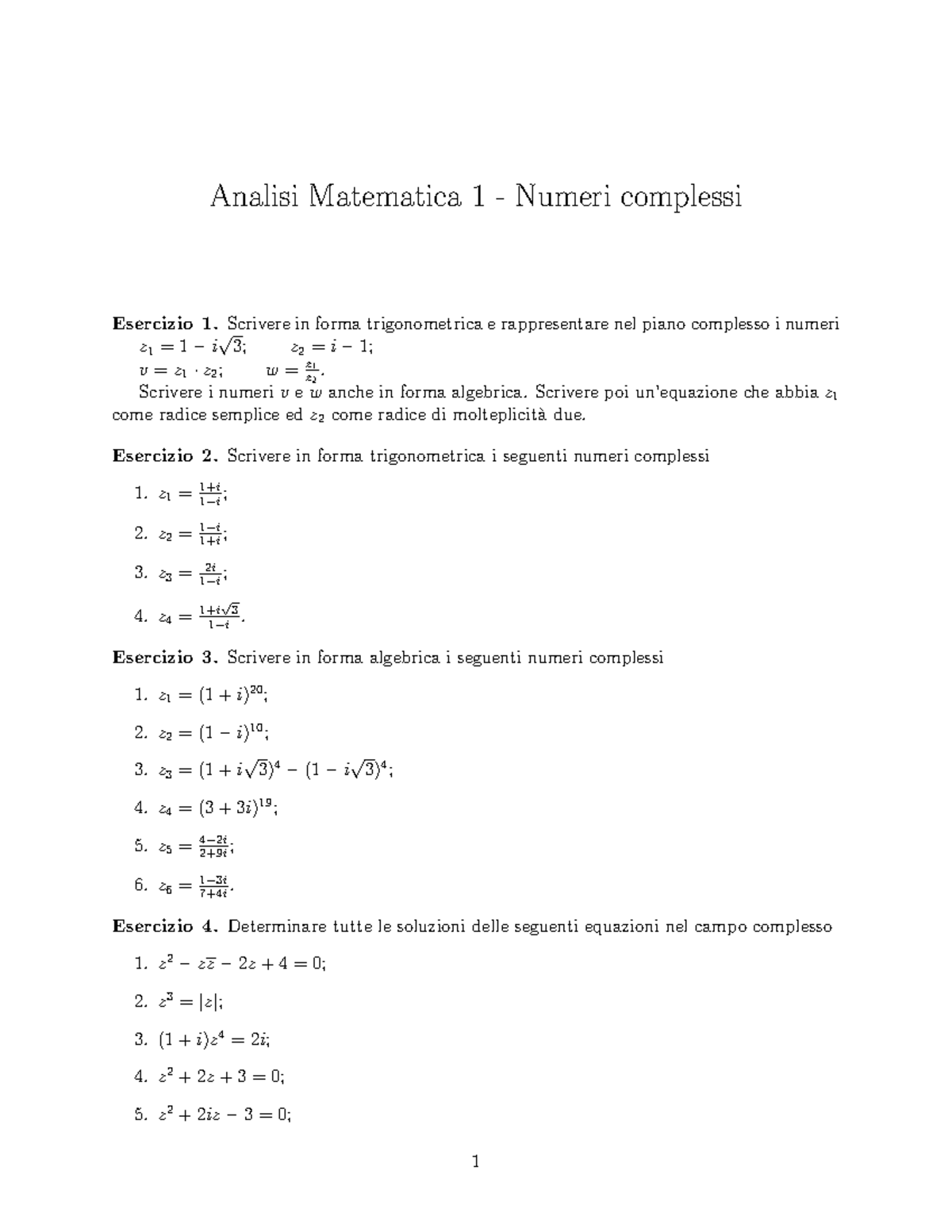 Esercizi di Analisi Matematica 1: Numeri Complessi e Trigonometria ...