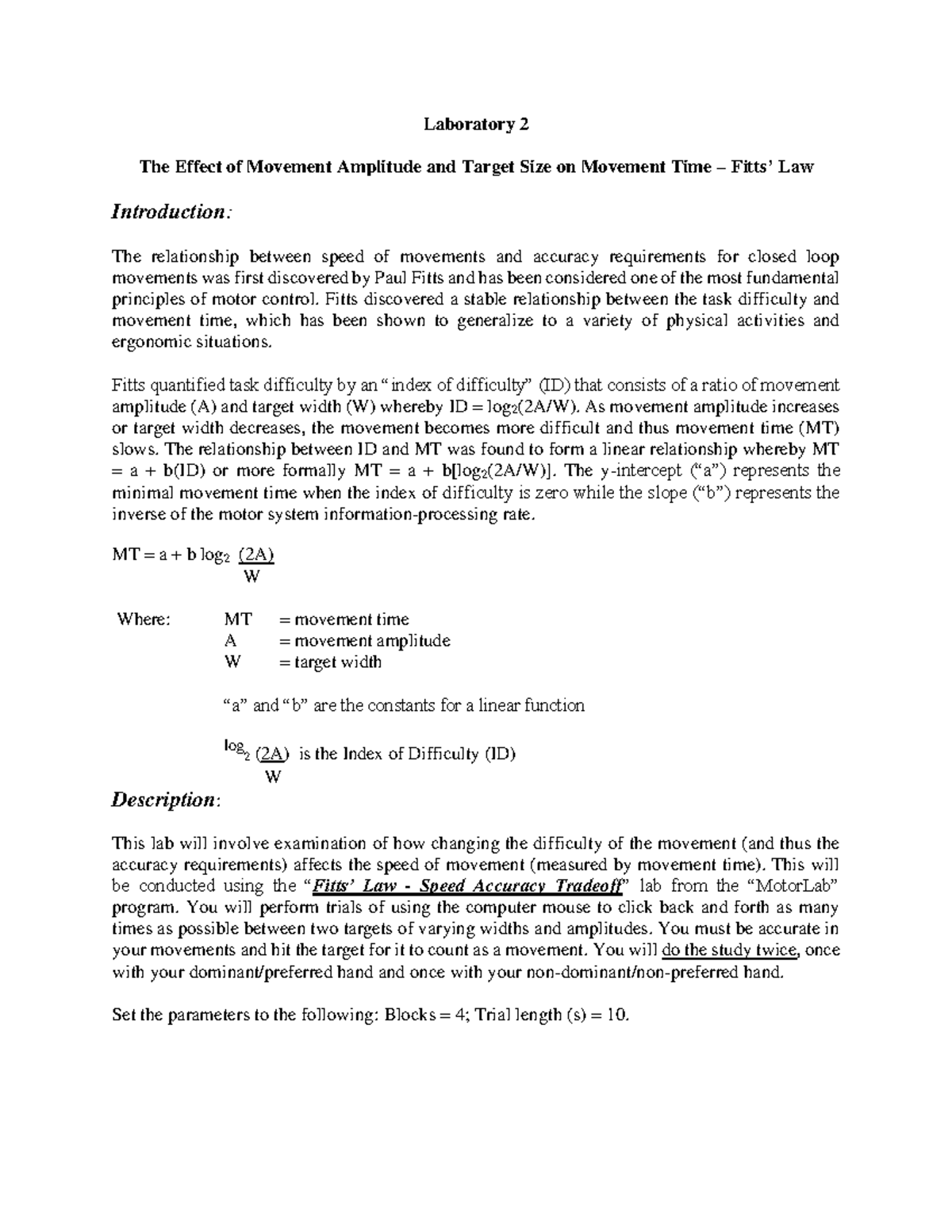Lab 2: Impact of Movement Amplitude & Target Size on MT - Studocu