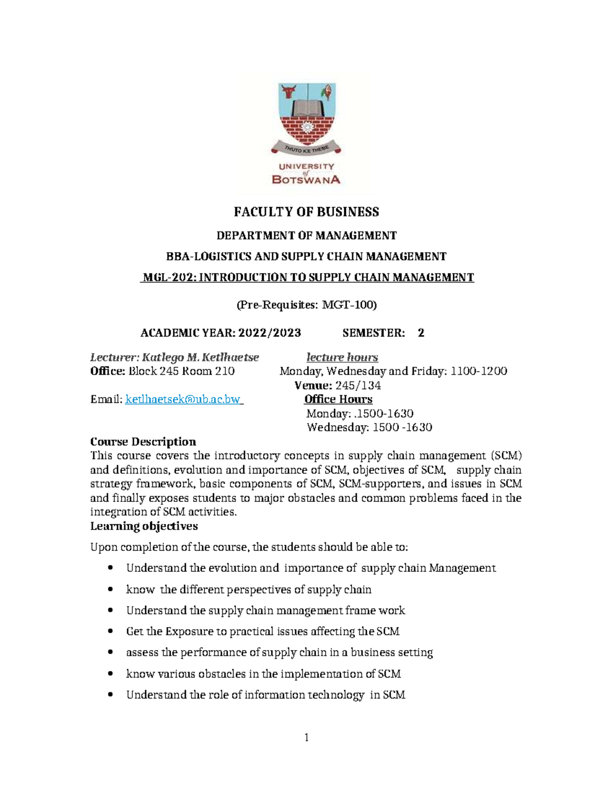 MGL 202 - Introduction to Supply Chain Management Course Outline - Studocu