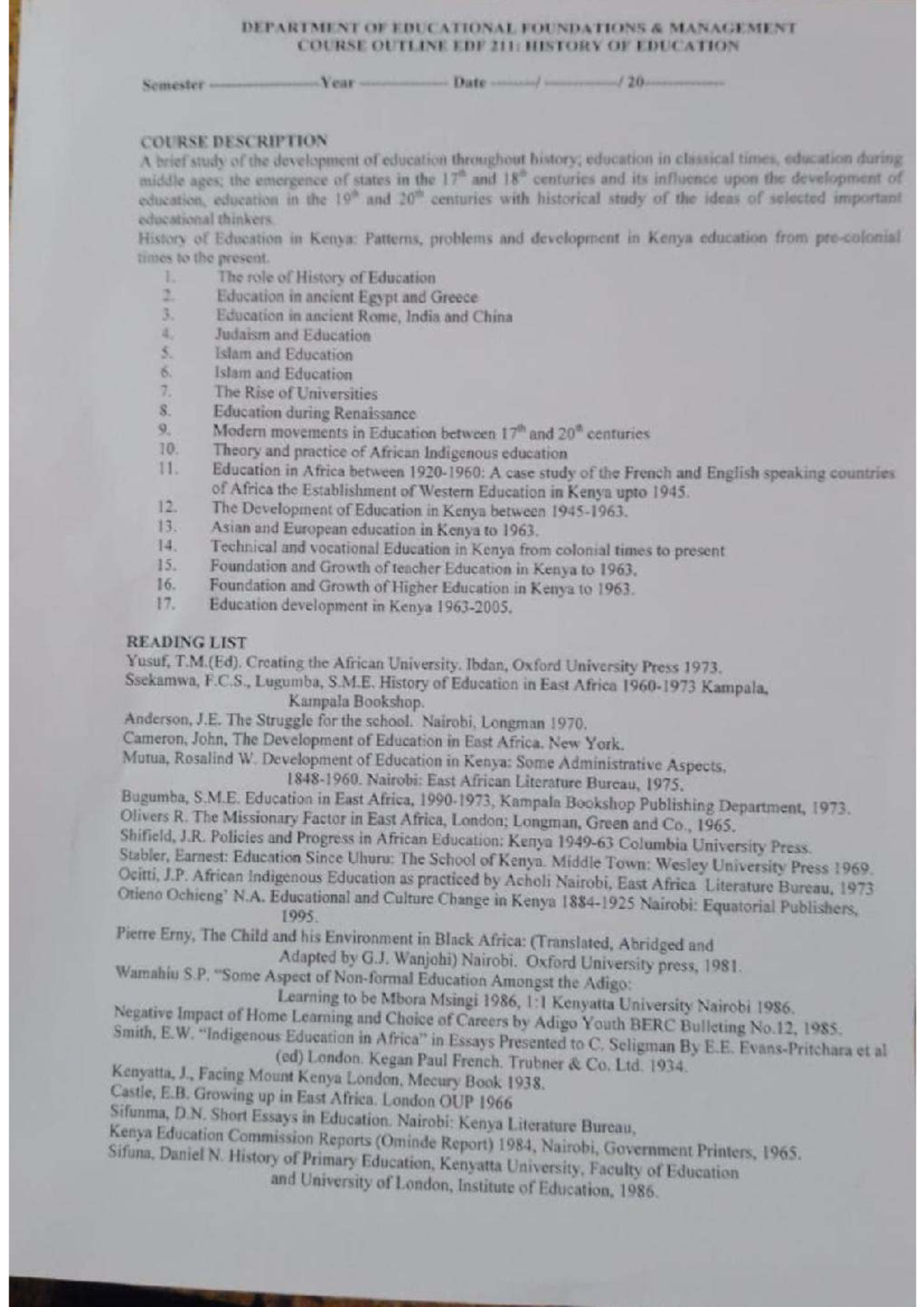 EDF 211 Course Outline: History of Education Overview - Studocu