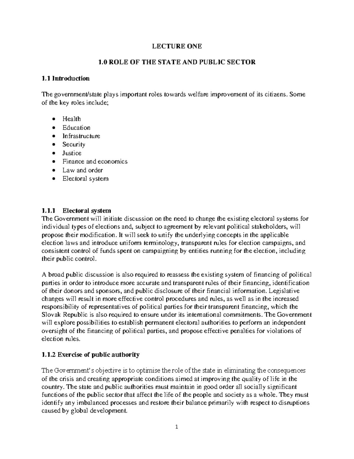Lecture One: The Role of State & Public Sector in Governance - Studocu