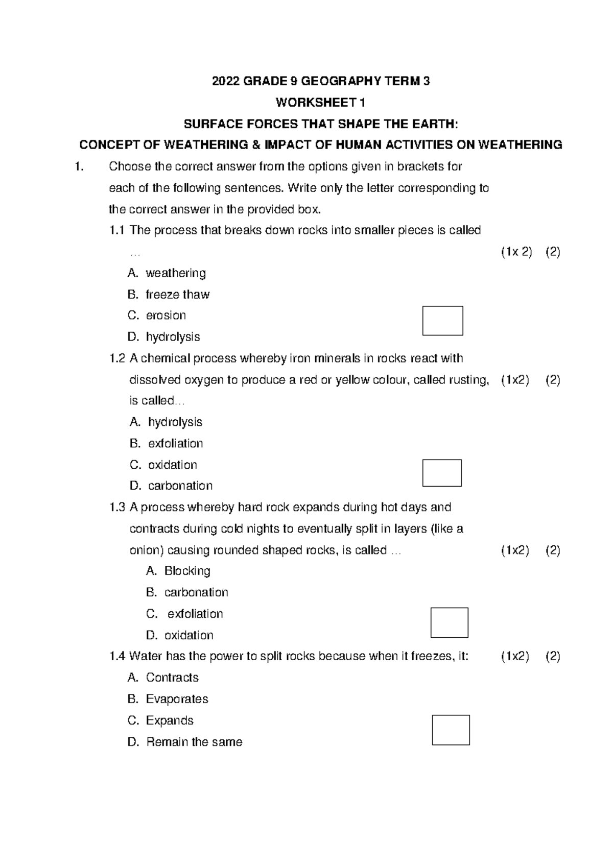 2022 GRADE 9 GEOGRAPHY TERM 3 WORKSHEETS ON WEATHERING AND EROSION ...