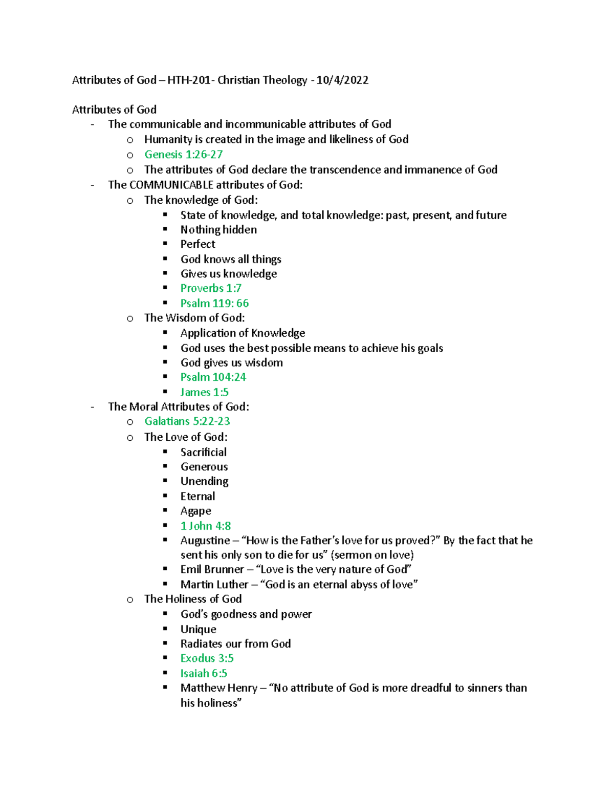 Attributes of God notes - Attributes of God – HTH-201- Christian ...