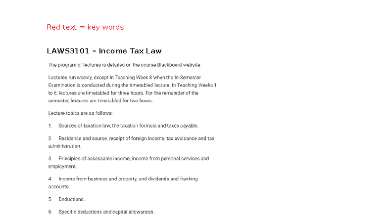 LAWS3101 Income Tax Law: Key Concepts and Lecture Summaries - Studocu