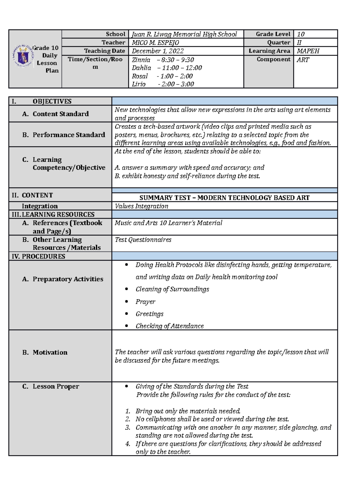 Summary Test Music 10 - Modern Technology-Based Art Lesson Plan - Studocu