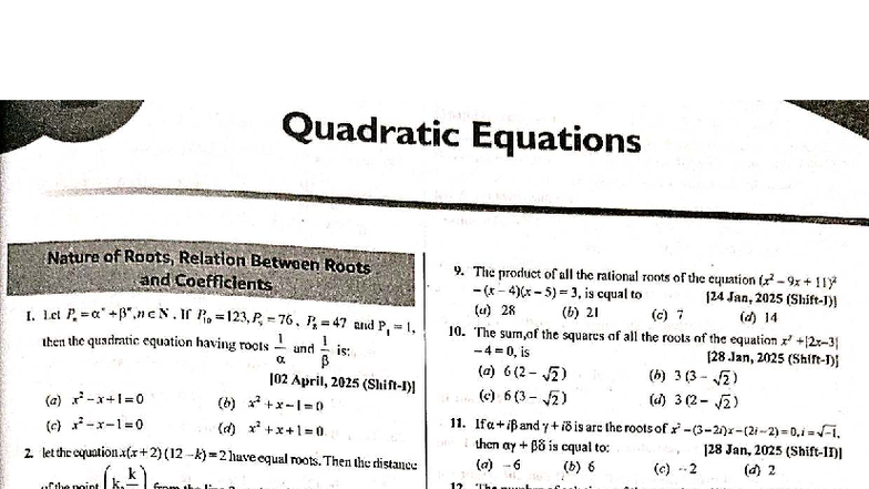 Quadratic Equations and Sequence & Series PYQs (Final Exam) - Studocu