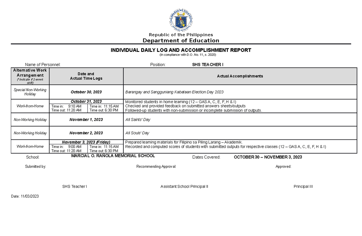 Individual Daily Log & Accomplishment Report - SHS Teacher I (Oct-Nov ...